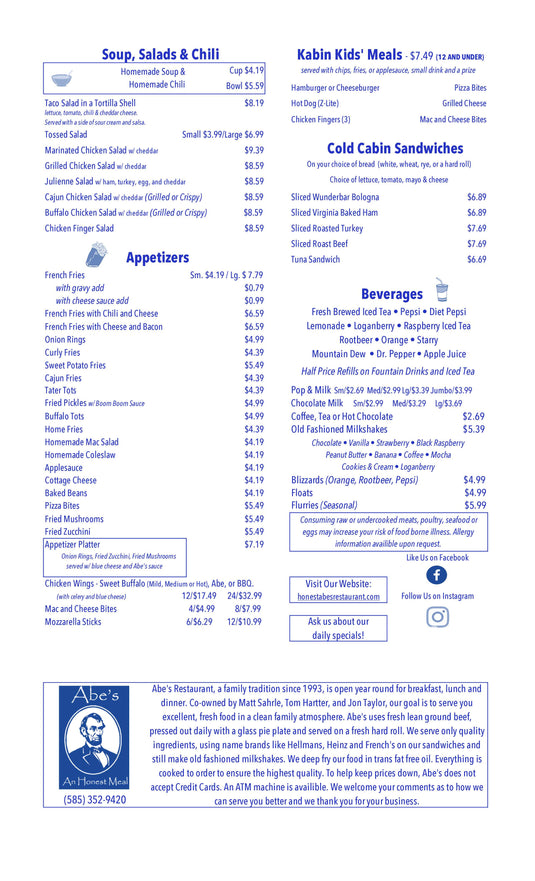 Lunch Menu – Honest Abes Restaurant